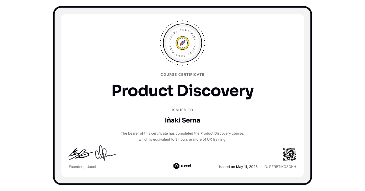 Certificate of completion for Product Discovery | Uxcel